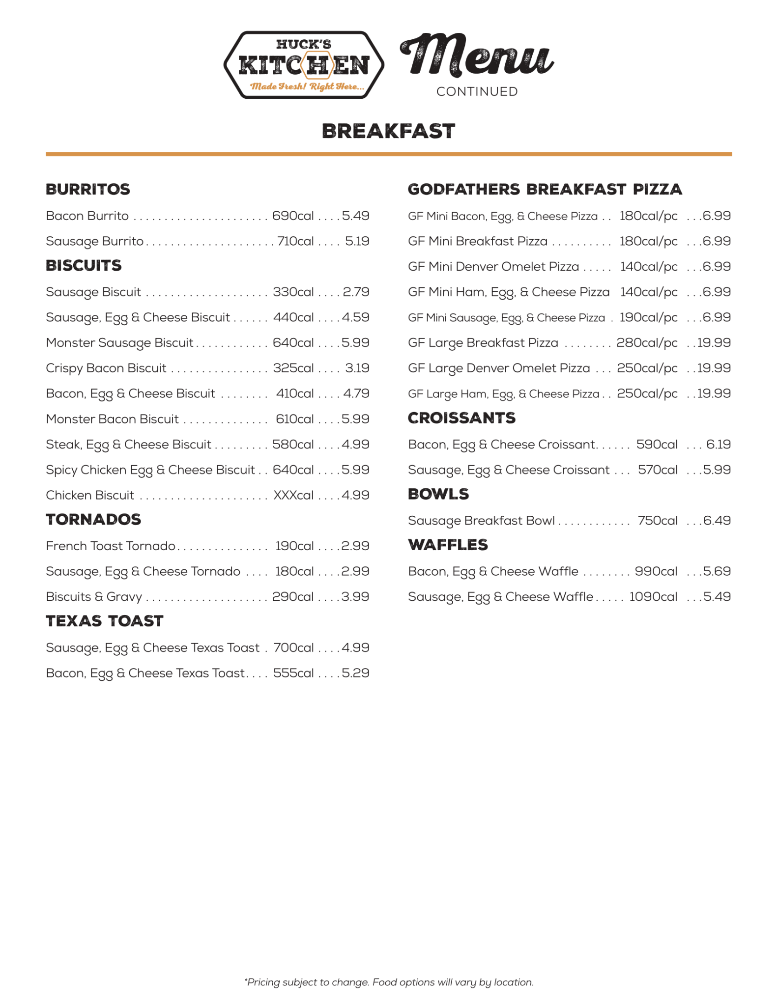 Huck's Kitchen Menu - Huck's