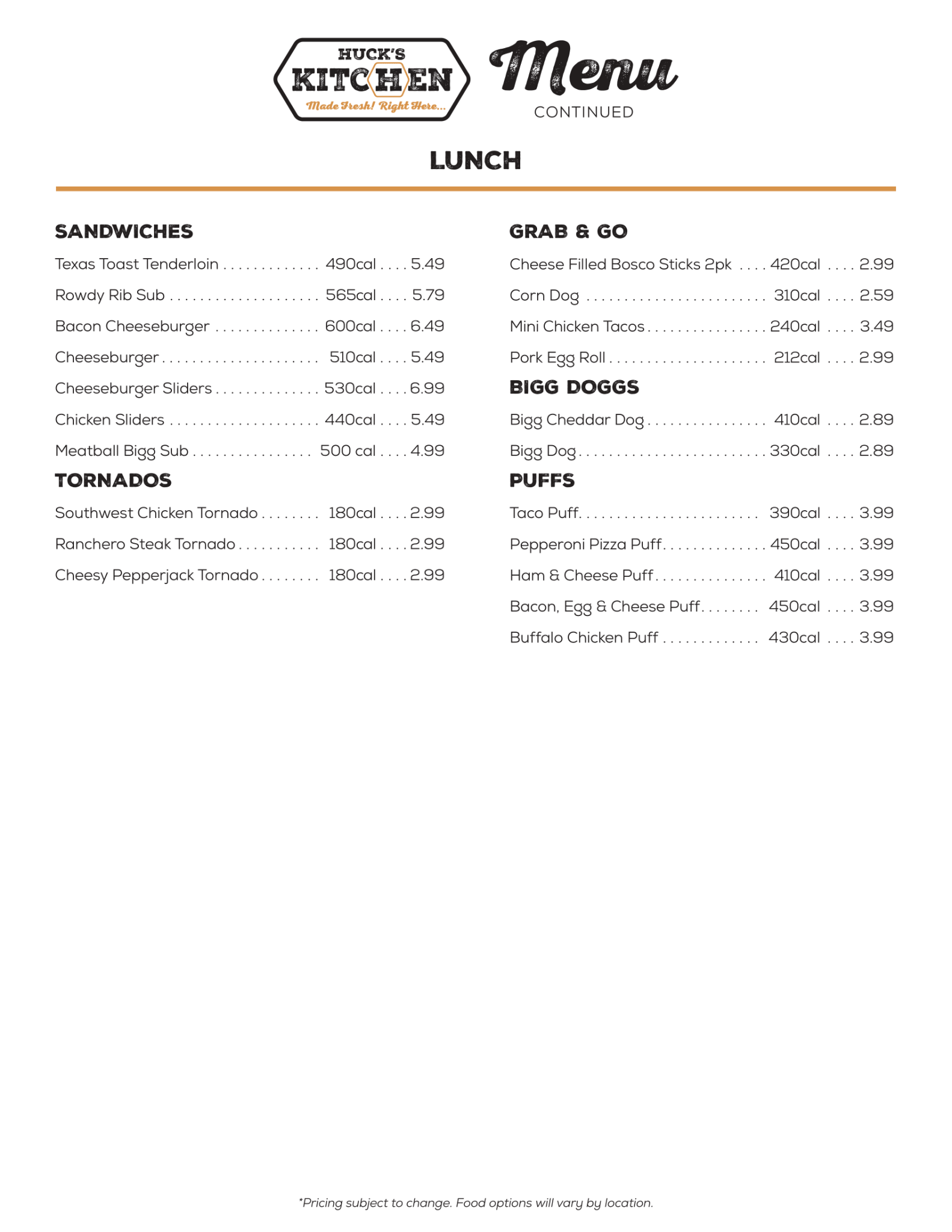 Huck's Kitchen Menu - Huck's