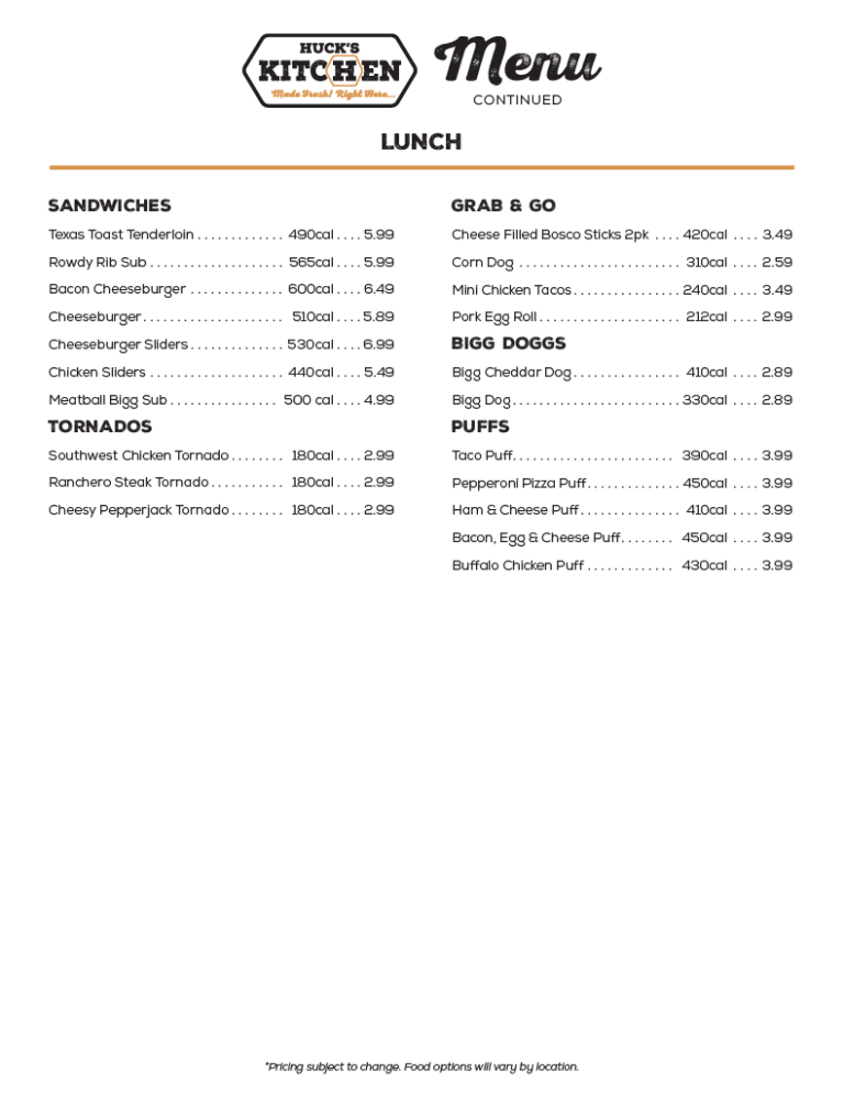 Huck's Kitchen Menu - Huck's